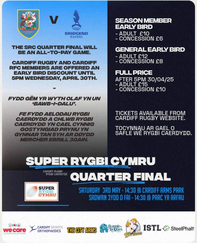 Super Rygbi Cymru Quarter Final Details – CARDIFF RFC